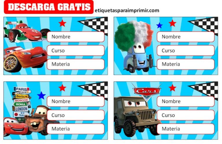 Etiquetas Escolares Cars Etiquetas para imprimir